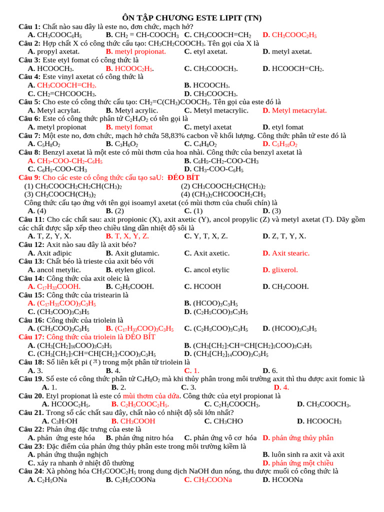 ÔN TẬP CHƯƠNG ESTE LIPIT (HS) | PDF