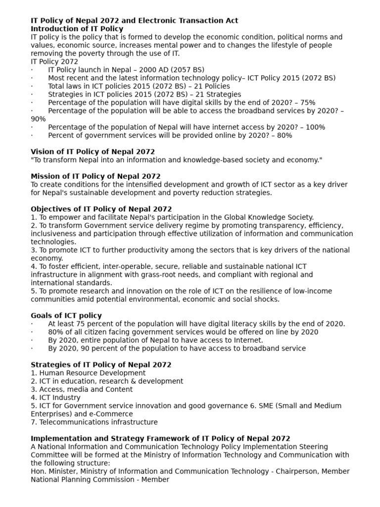 IT Policy of Nepal 2072 and Electronic Transaction Act | PDF | Social ...
