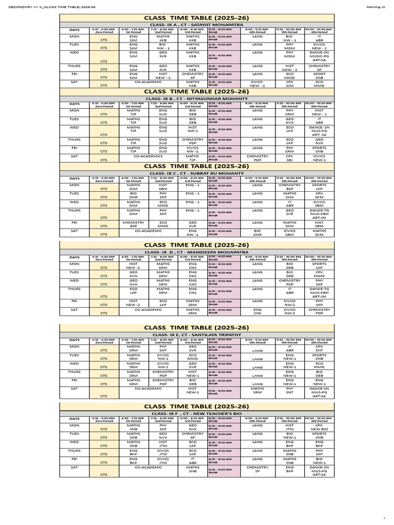 Secondary Vi - X - Class Time Table - 2025-26 - Morning Ix | PDF