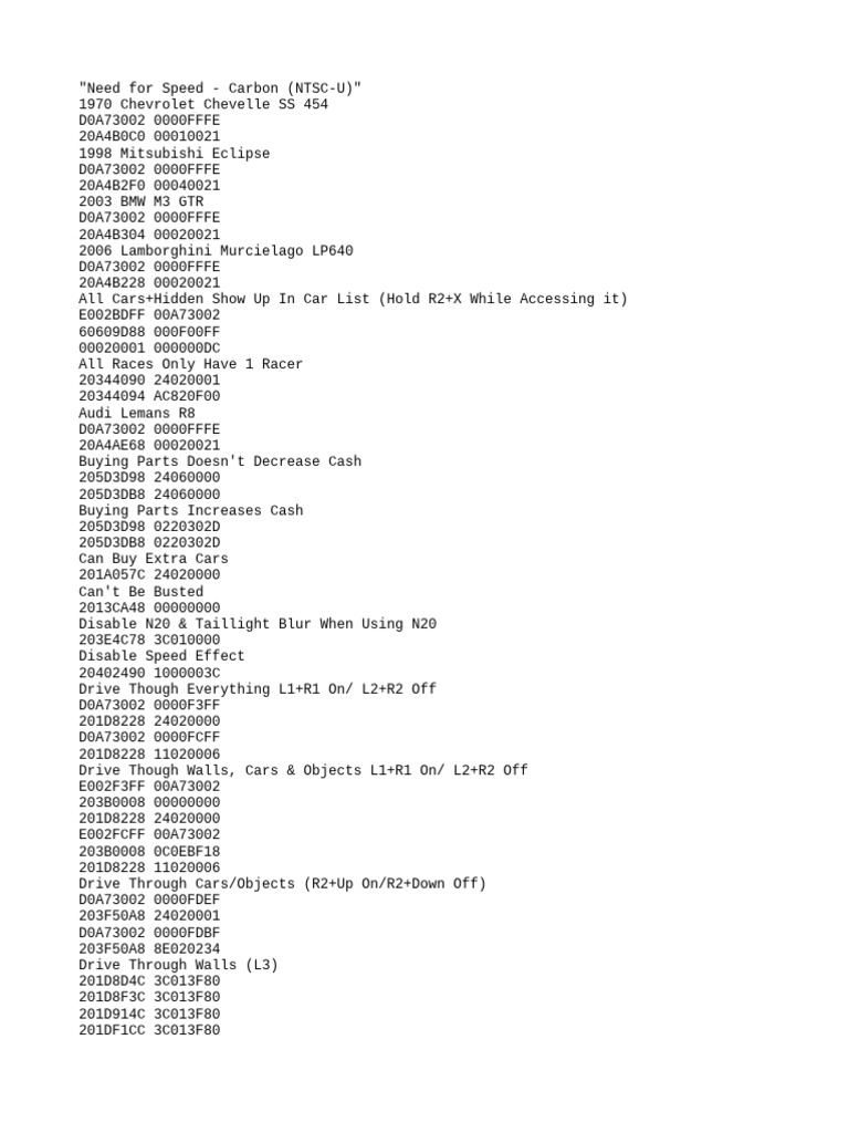 NFS Carbon Cheat Codes & Unlocks Guide | PDF | Car Manufacturers | Car