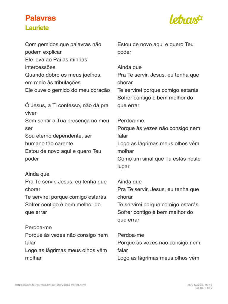Letra do Hino "Palavras" - Lauriete | PDF
