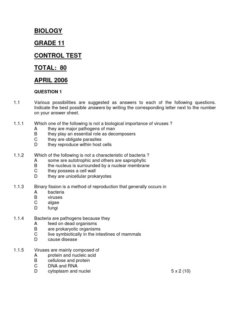 Grade 11 Biology: Viruses and Bacteria Test | PDF | Virus | Organisms