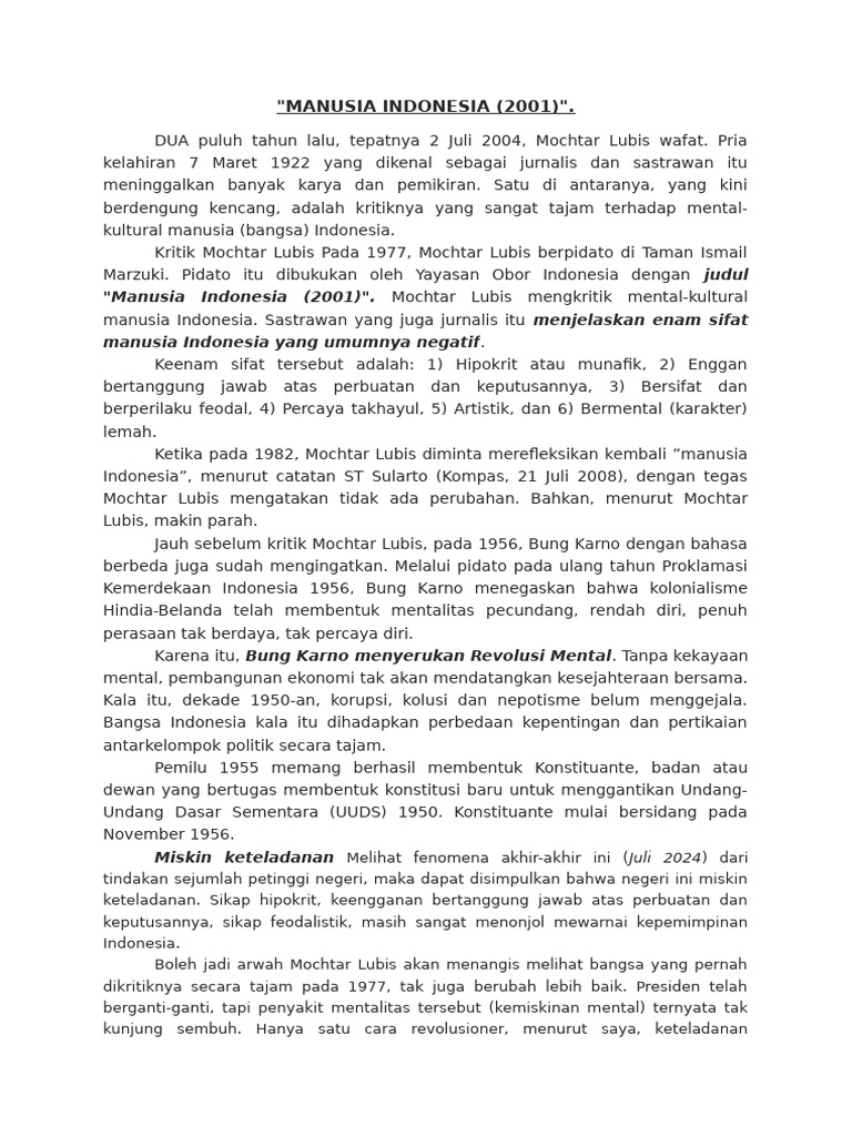 Kritik Mochtar Lubis tentang Manusia Indonesia | PDF