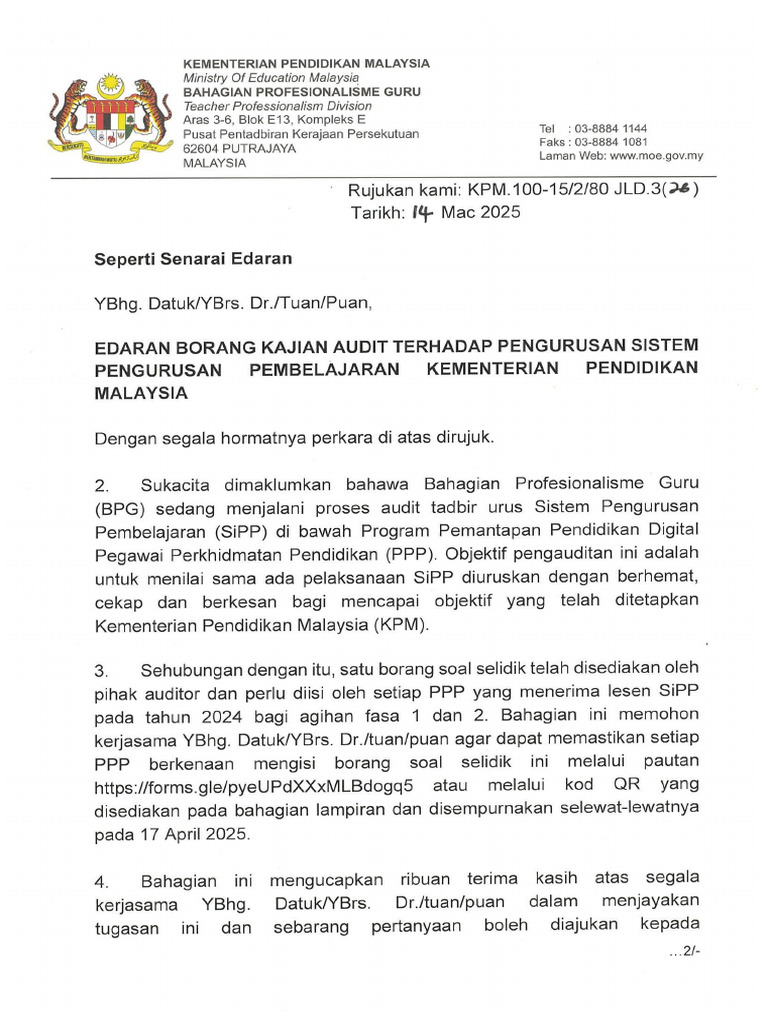 Edaran Borang Kajian Audit Terhadap Pengurusan Sistem Pengurusan ...