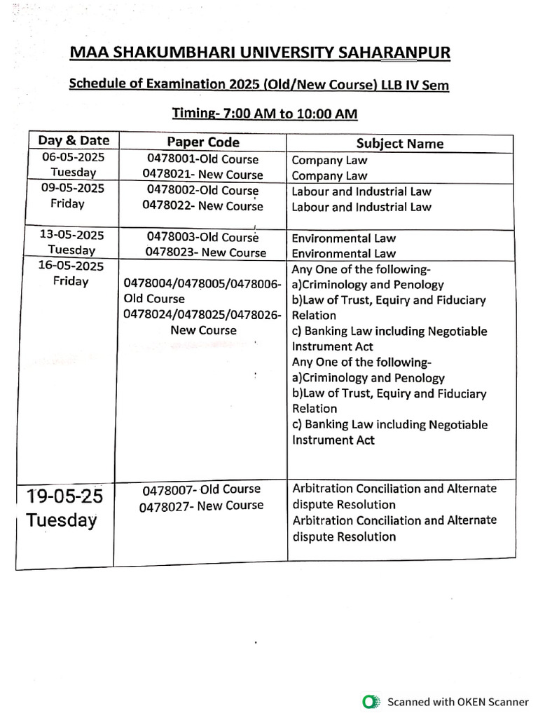 Msu LLB 4TH Sem Date Sheet 2025 | PDF