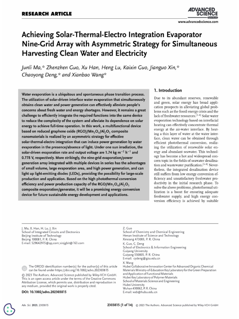 Achieving Solar Thermal Electro Integration Evaporator Nine Grid Array With Asymmetric Strategy ...