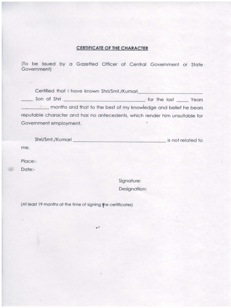 Government Job Character Certificate Format | PDF