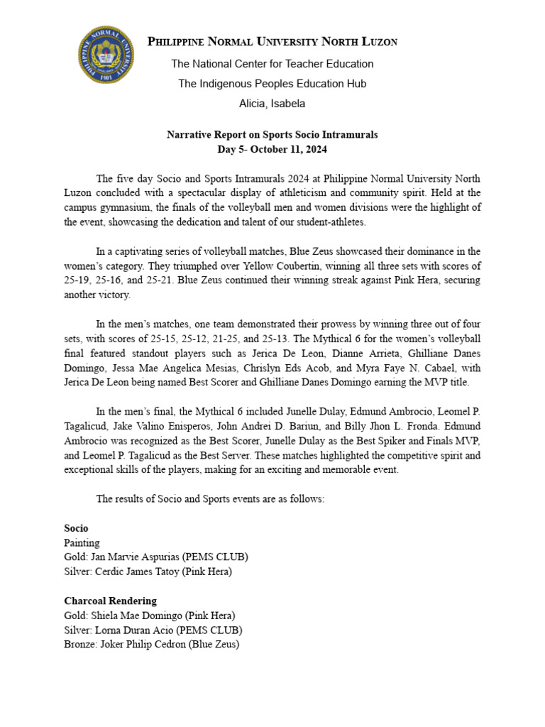 Sports Socio Intramurals Day 5 - Narrative | PDF