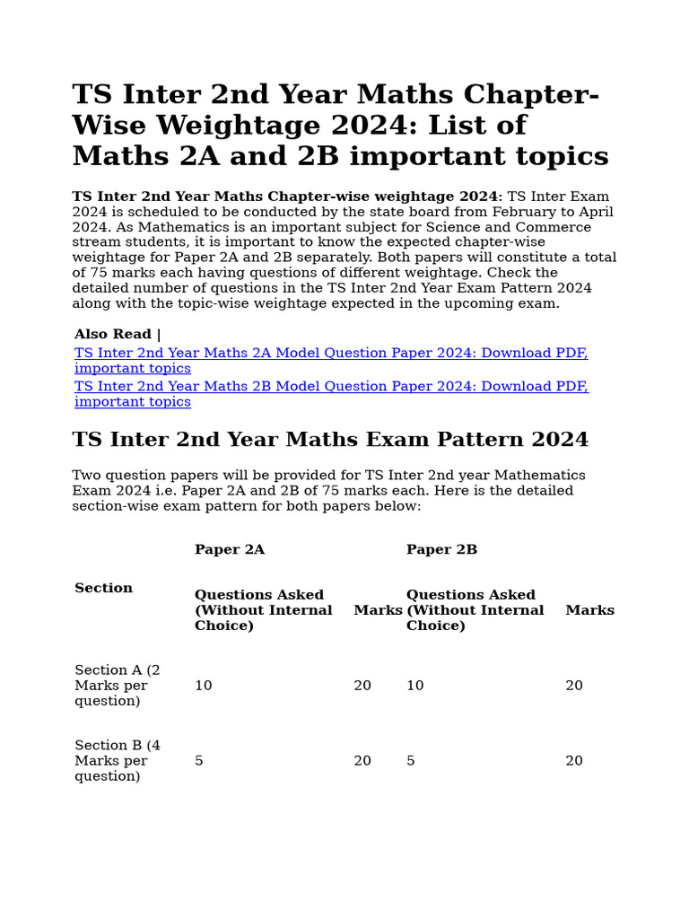 TS Inter 2nd Year Maths Weightage 2024 | PDF | Mathematics | Integral