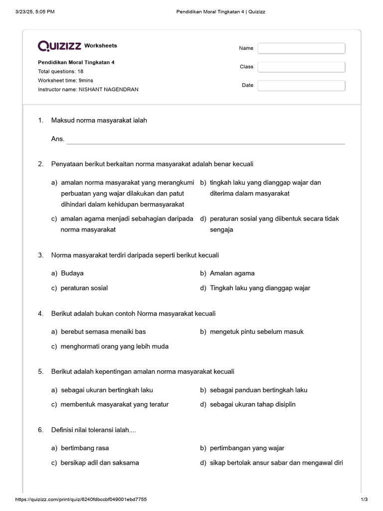 Kuiz Pendidikan Moral Tingkatan 4 | PDF
