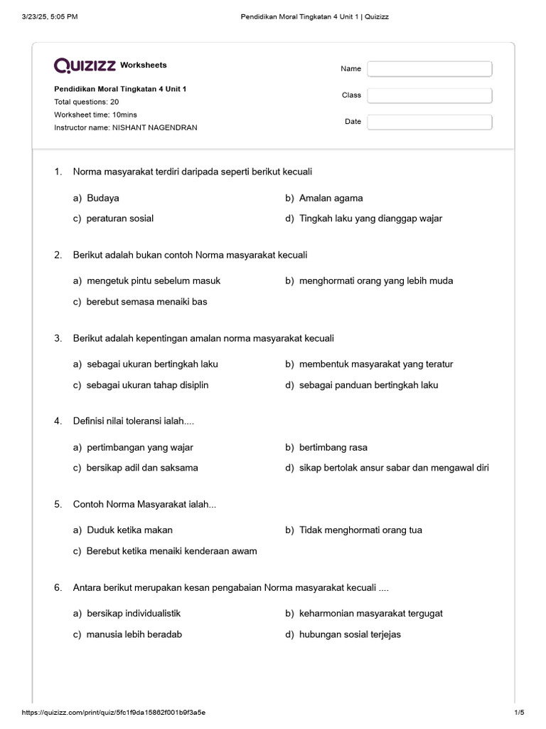 Pendidikan Moral Tingkatan 4 Unit 1 Quizizz Pdf