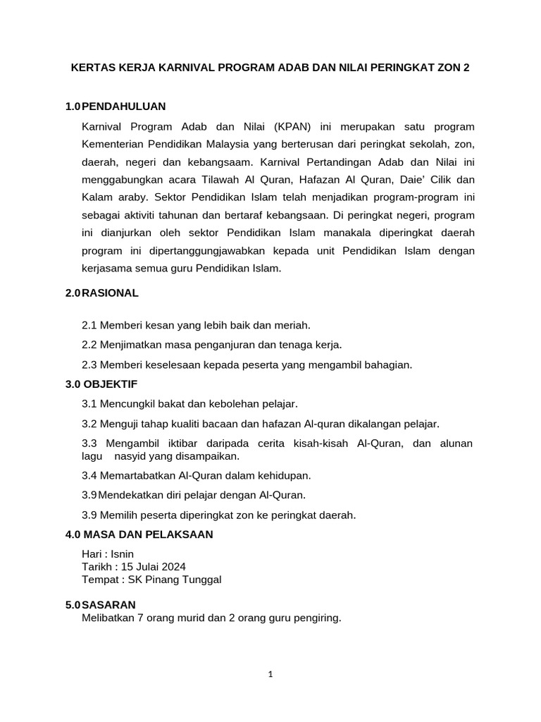 Kertas Kerja Karnival Program Adab Dan Nilai Peringkat Zon 2 | PDF