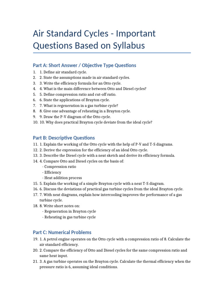 Air Standard Cycles Questions | PDF