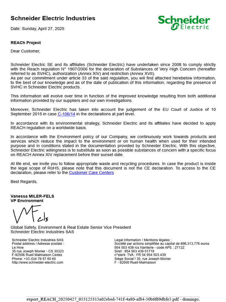 Schneider Electric REACh Compliance Update | PDF | Chemistry