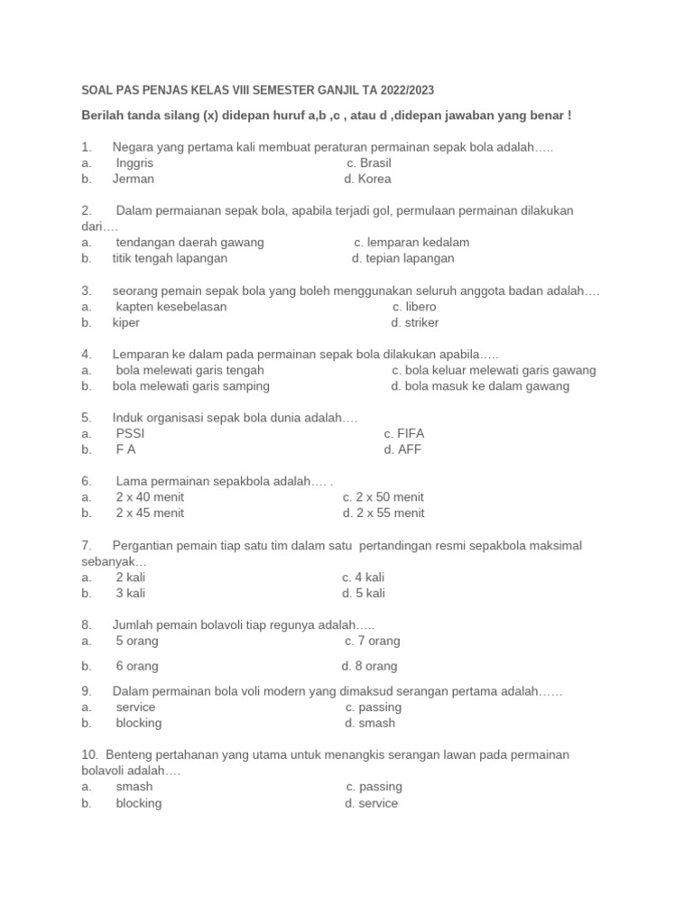 SOAL PAS PENJAS KELAS VIII SEMESTER GANJIL TA 2022 | PDF