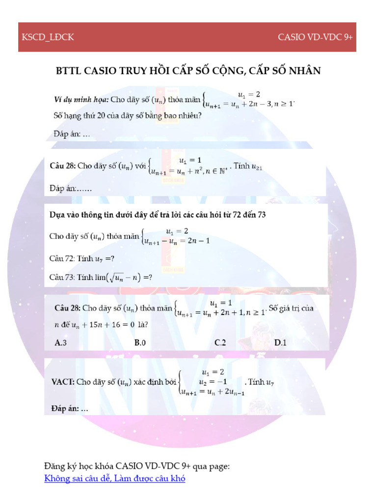 BÀI TẬP TỰ LUYỆN CASIO TRUY HỒI CSC, CSN | PDF