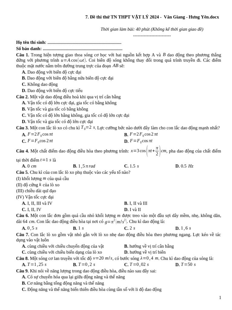 de Thi Thu TN THPT VAT LY 2024 - Van Giang - Hung Yen - Docx Ea2e47 20 03 2024 | PDF