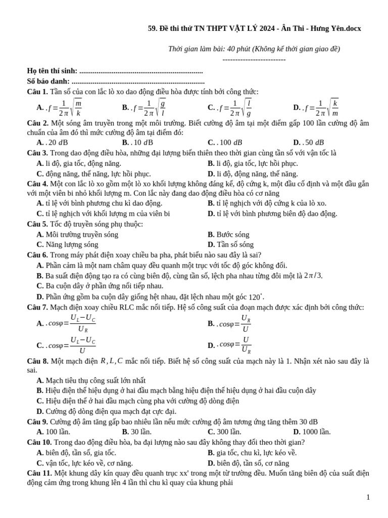 de Thi Thu TN THPT VAT LY 2024 - An Thi - Hung Yen - Docx bc9c56 22 03 ...