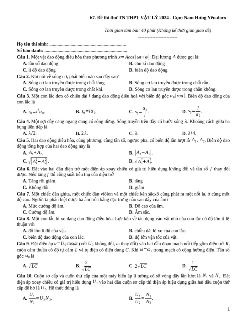 de Thi Thu TN THPT VAT LY 2024 - Cum Nam Hung Yen - Docx 1e4f50 22 03 2024 | PDF