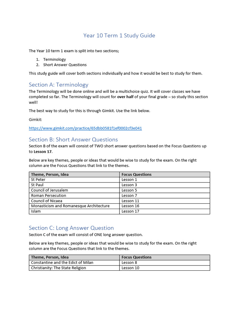 Y10 Term 1 Study Guide 2025 | PDF