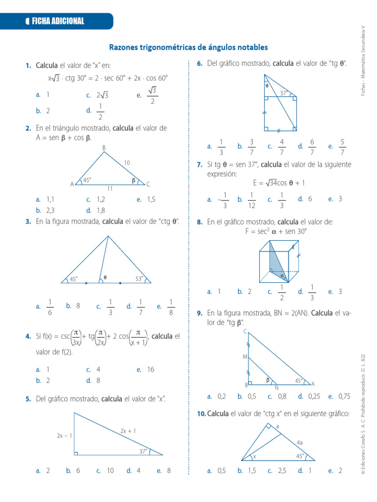 FA - Razones Trigonométricas de Ángulos Notables y Resolución de Triángulos Rectángulos | PDF ...
