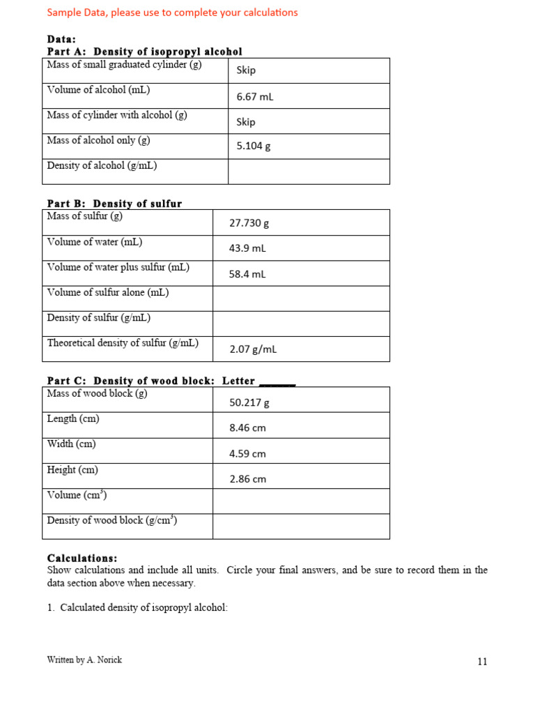 Sample+Data Density+of+Solids+and+Liquids+Worksheet | PDF | Density ...