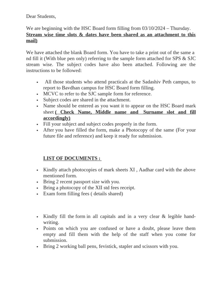 HSC Forms Filling Details For 2024 25 | PDF