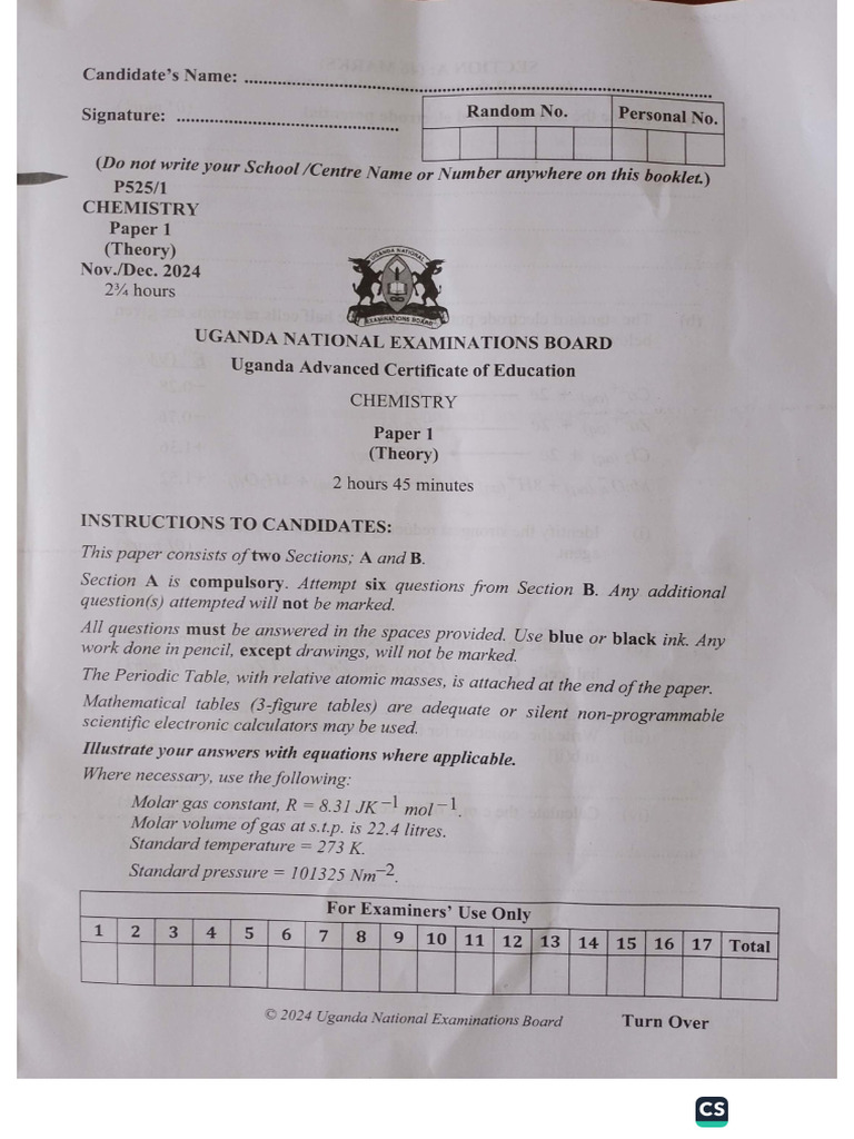Uneb Uace Chemistry Paper 1 2024 | PDF