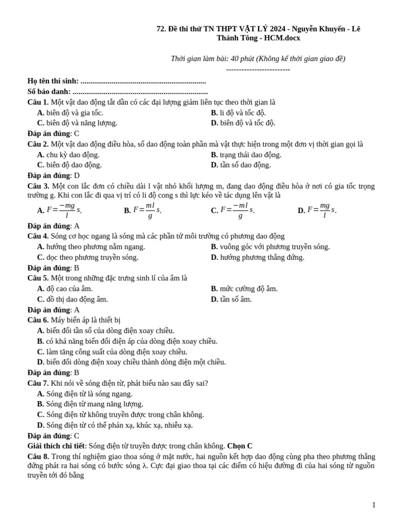 72. de Thi Thu TN THPT VAT LY 2024 - Nguyen Khuyen - Le Thanh Tong ...