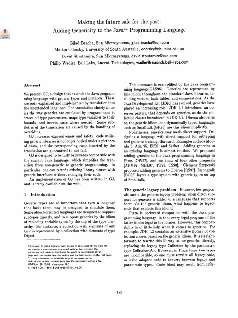 Making The Future Safe For The Past: Adding Genericity To The Java | PDF | Class (Computer ...