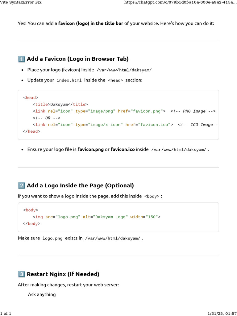 Adding a Favicon in Vite with Nginx | PDF