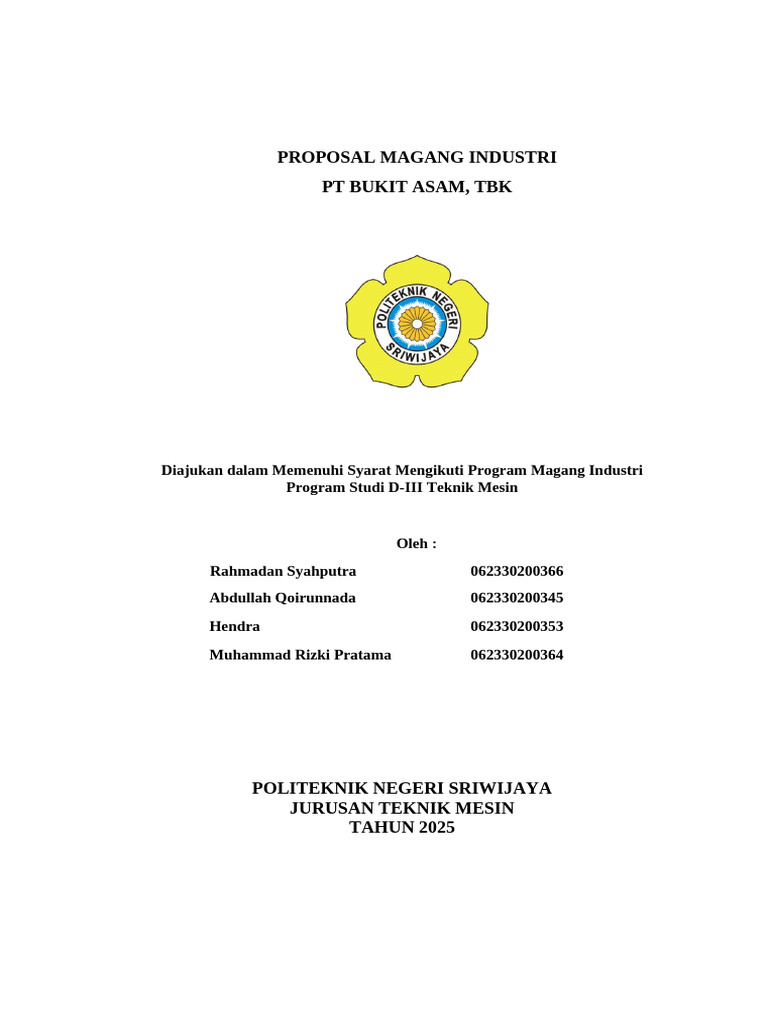 Proposal Magang Teknik Mesin PTBA | PDF
