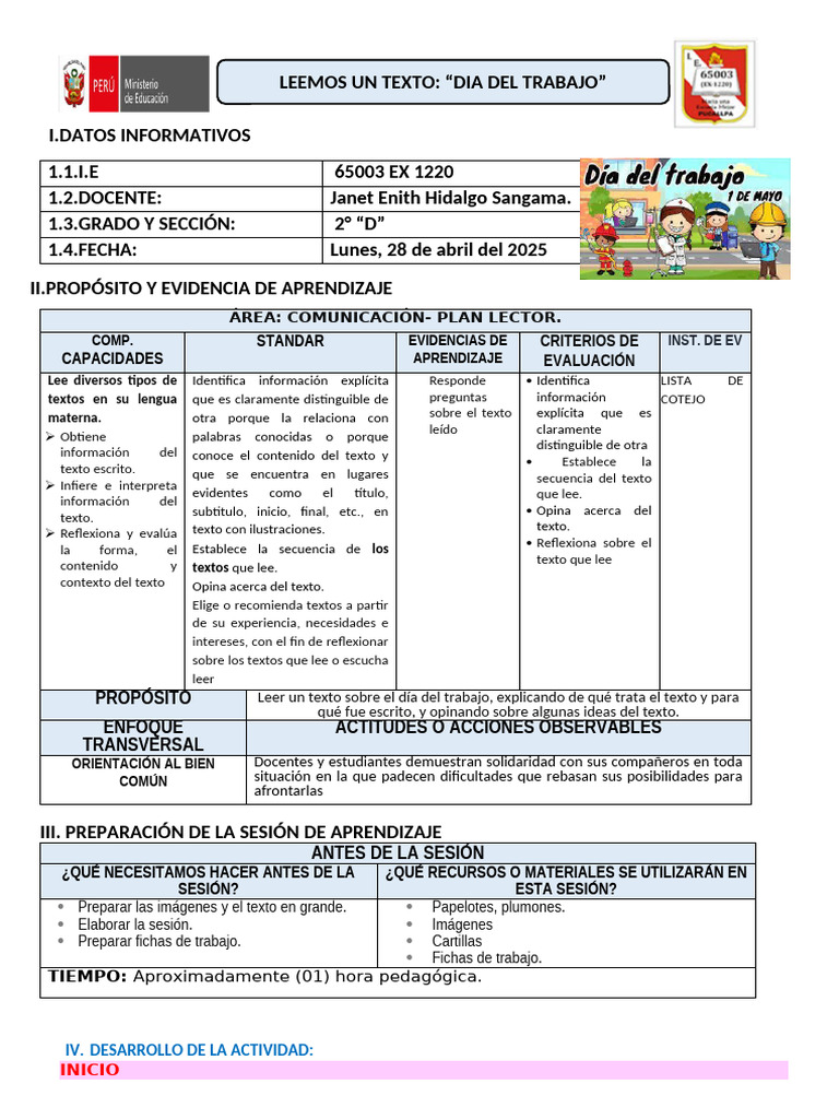 Sesion El Dia Del Trabajo Plan Lector | PDF | Cognición | Aprendizaje