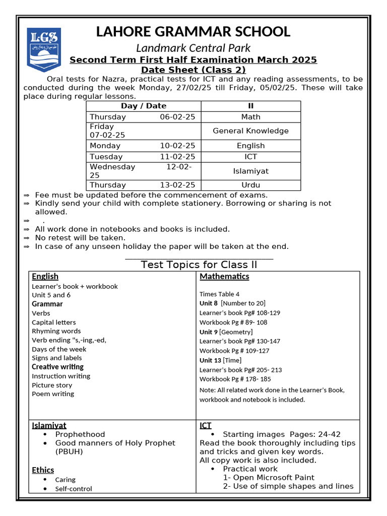 Test Topics Grade 1 March | PDF