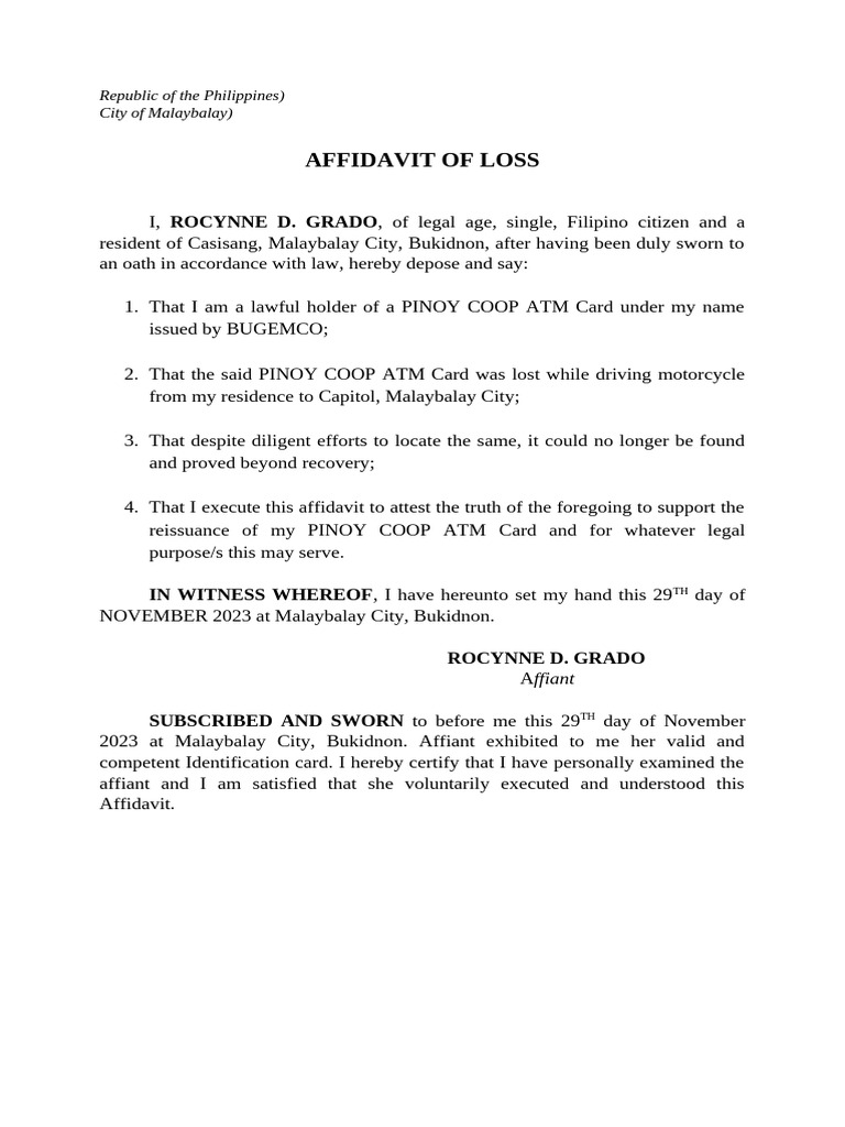 Affidavit of Loss for ATM Cards | PDF | Affidavit | Legal Procedure