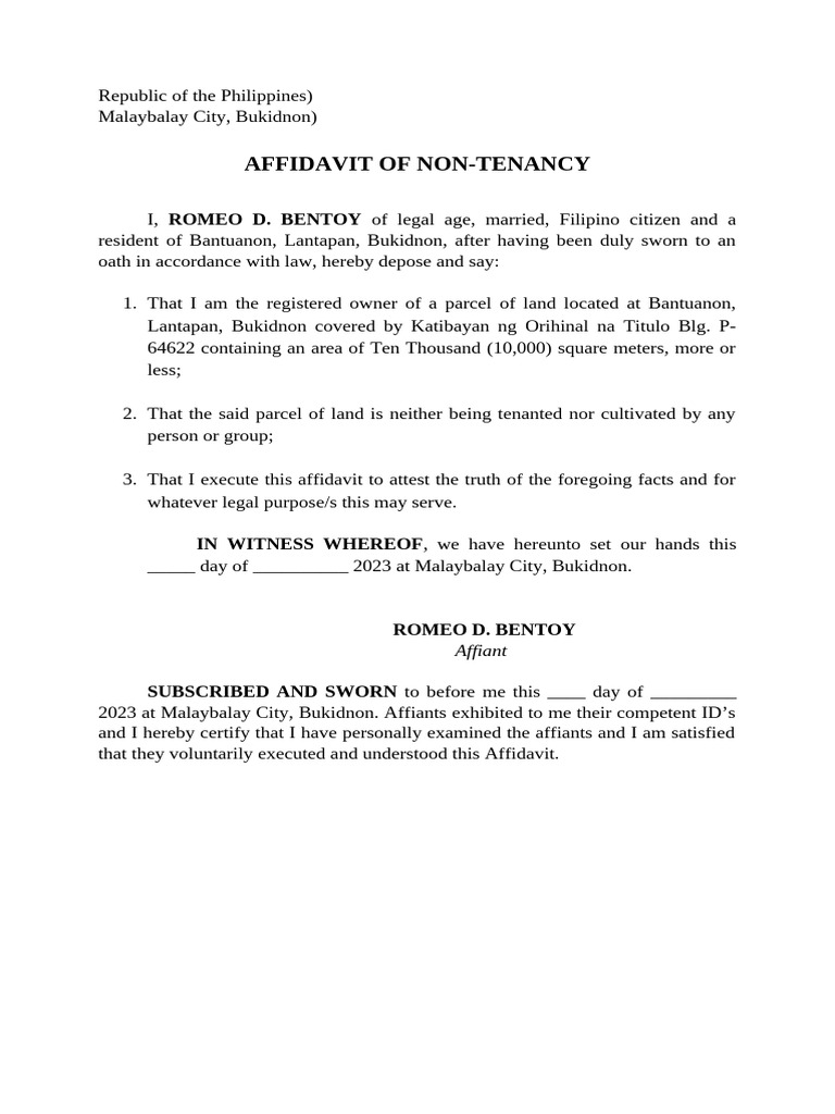 Affidavit of Non-Tenancy - Bentoy | PDF | Affidavit | Evidence