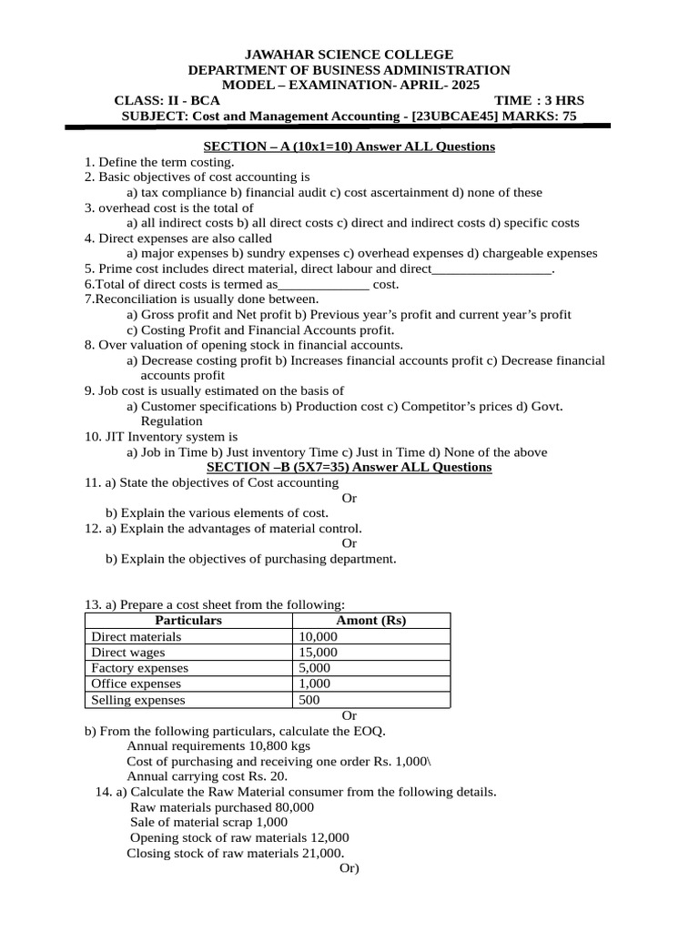 Cost and Management Accounting - Model - April 2025 | PDF | Expense | Cost