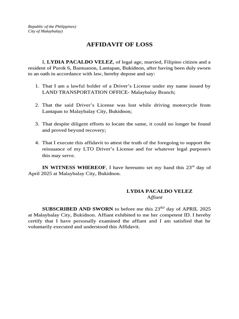 Affidavit of Loss-Driver's License | PDF | Affidavit | Evidence