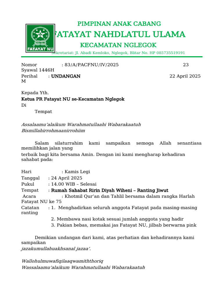 Undangan Harlah Fatayat Nu 75 | PDF