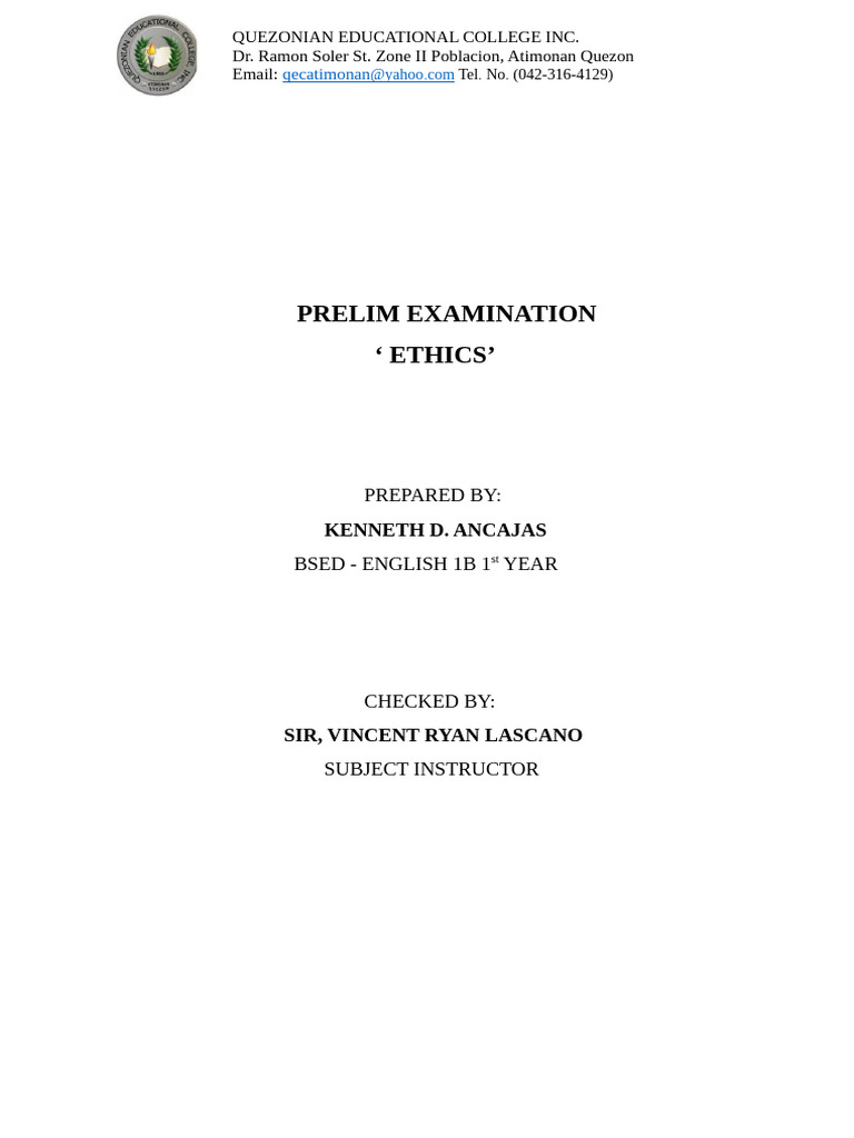 Ethics Prelim Exam | PDF