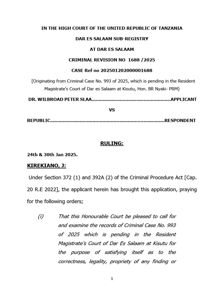 DR Wilbroad Peter Slaa Vs Republic (Criminal Revision No 1688 of 2025 ...