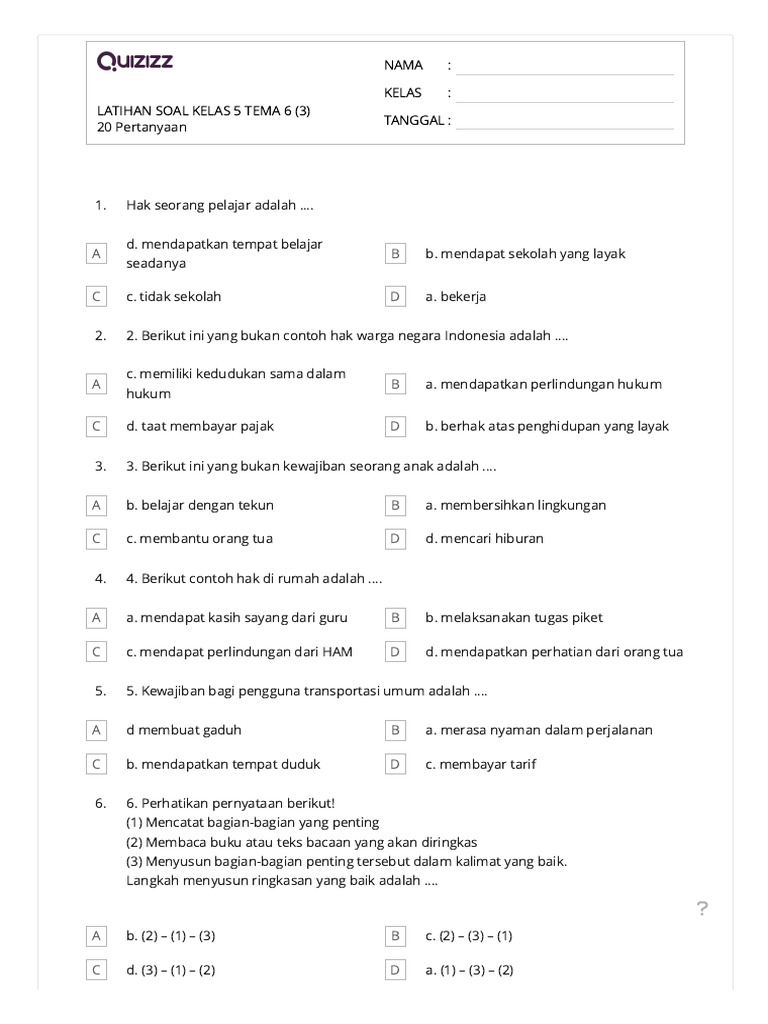 Latihan Soal Tema 6 Kelas 5 | PDF