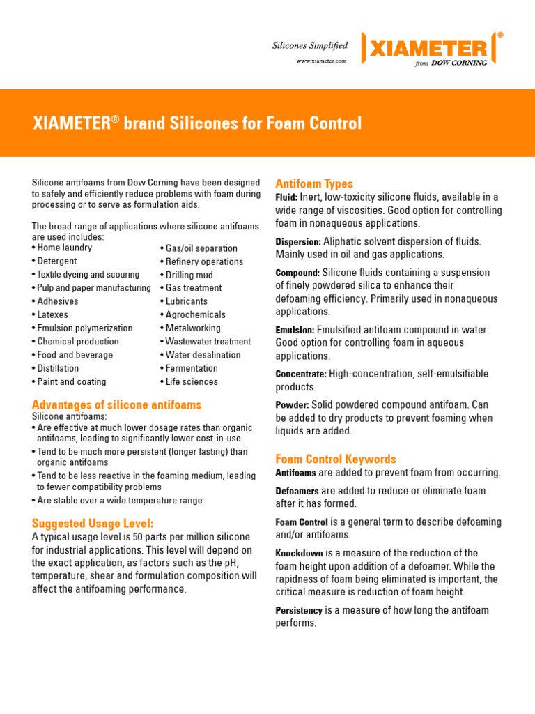 XIAMETER ACP 0544 Brand Silicones For Foam Control | PDF | Silicone ...