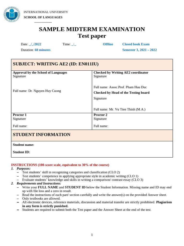 AE2 Writing Midterm Sample Test (Since 2223) - Test Paper | PDF ...