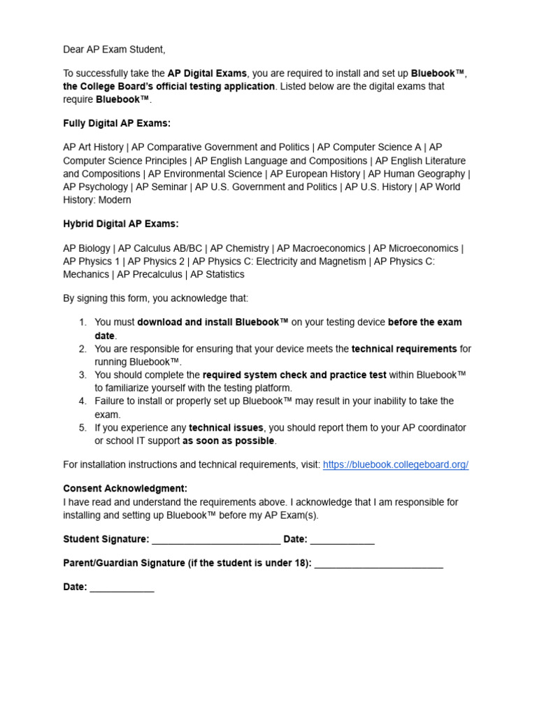 AP Exam Bluebook Installation Consent Form | PDF