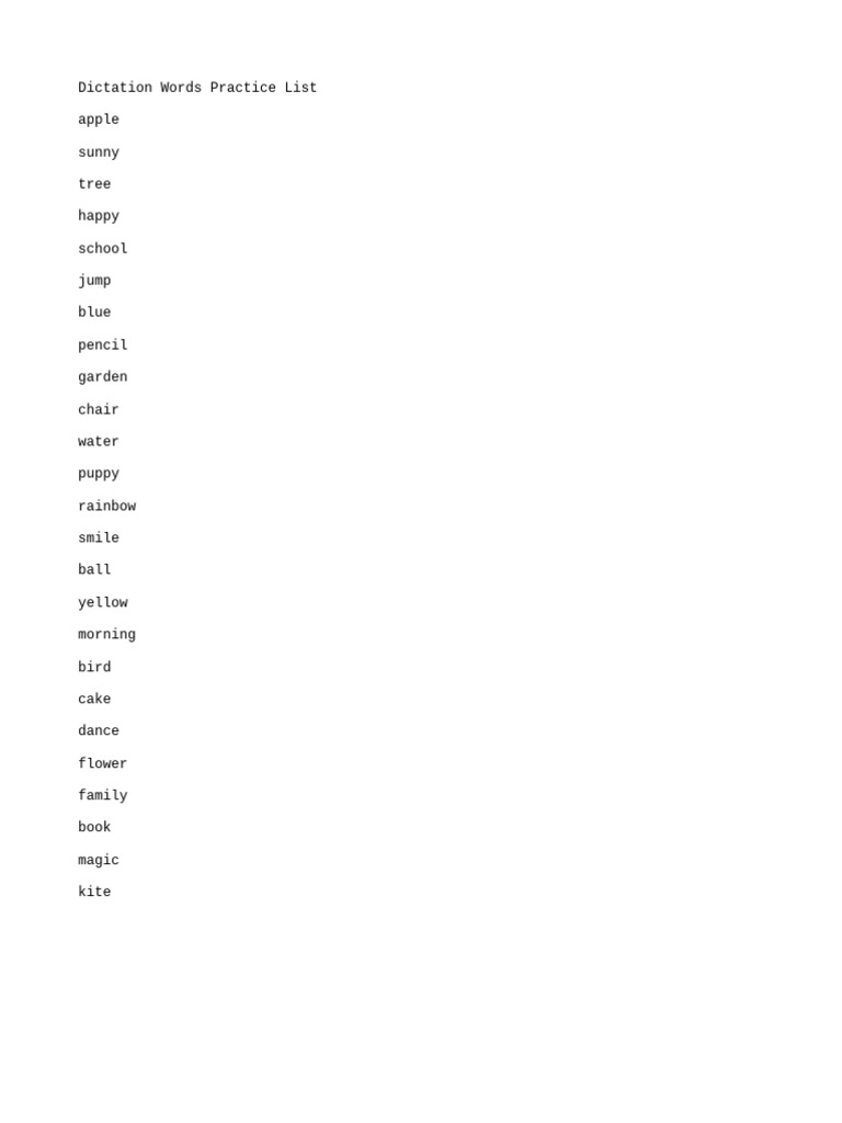 Dictation Words Practice List | PDF