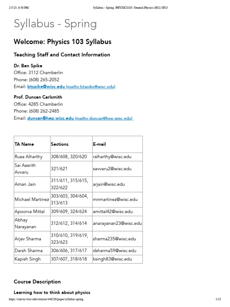 Syllabus - Spring_ PHYSICS103_ General Physics (002) SP25 | PDF | Fluid Dynamics | Heat