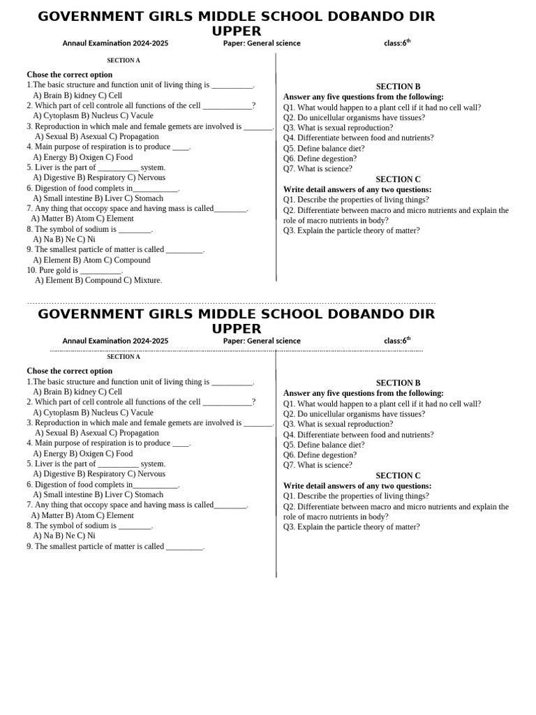 6th Grade General Science Exam Paper | PDF | Digestion | Chemical Elements