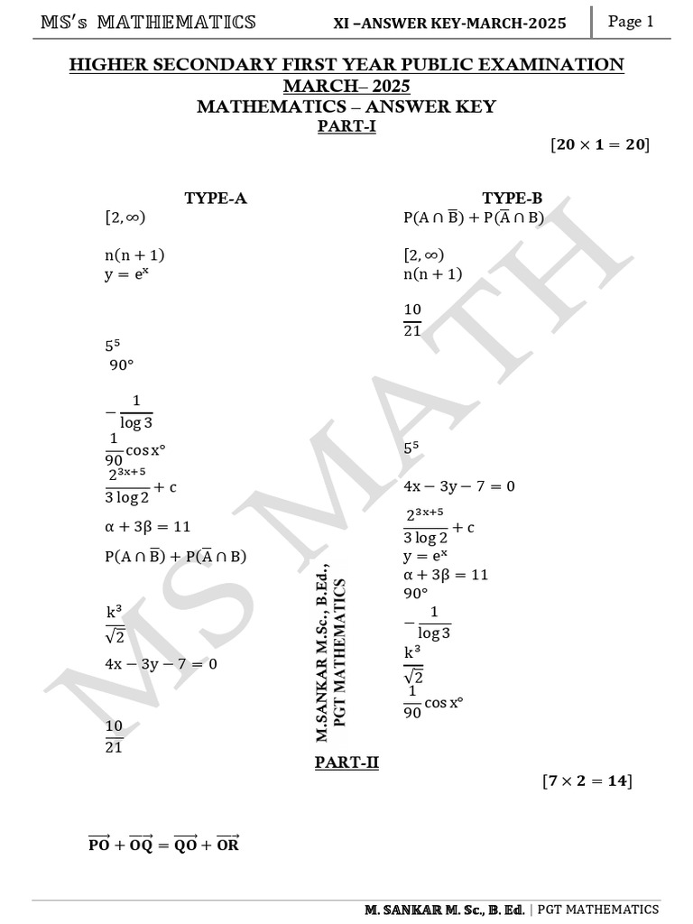 GOVT. QUESTION PAPER (Mar 2025) Answer Key | PDF | Mathematics ...