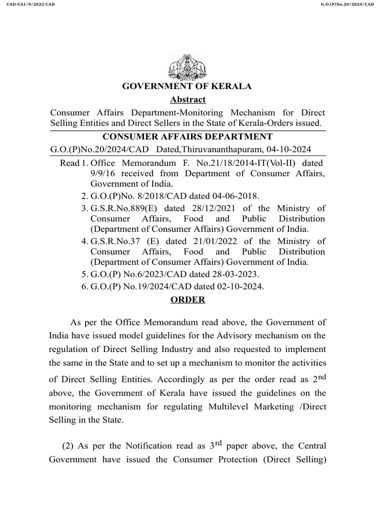 Kerala Direct Selling Monitoring Guidelines | PDF | Consumer Protection ...